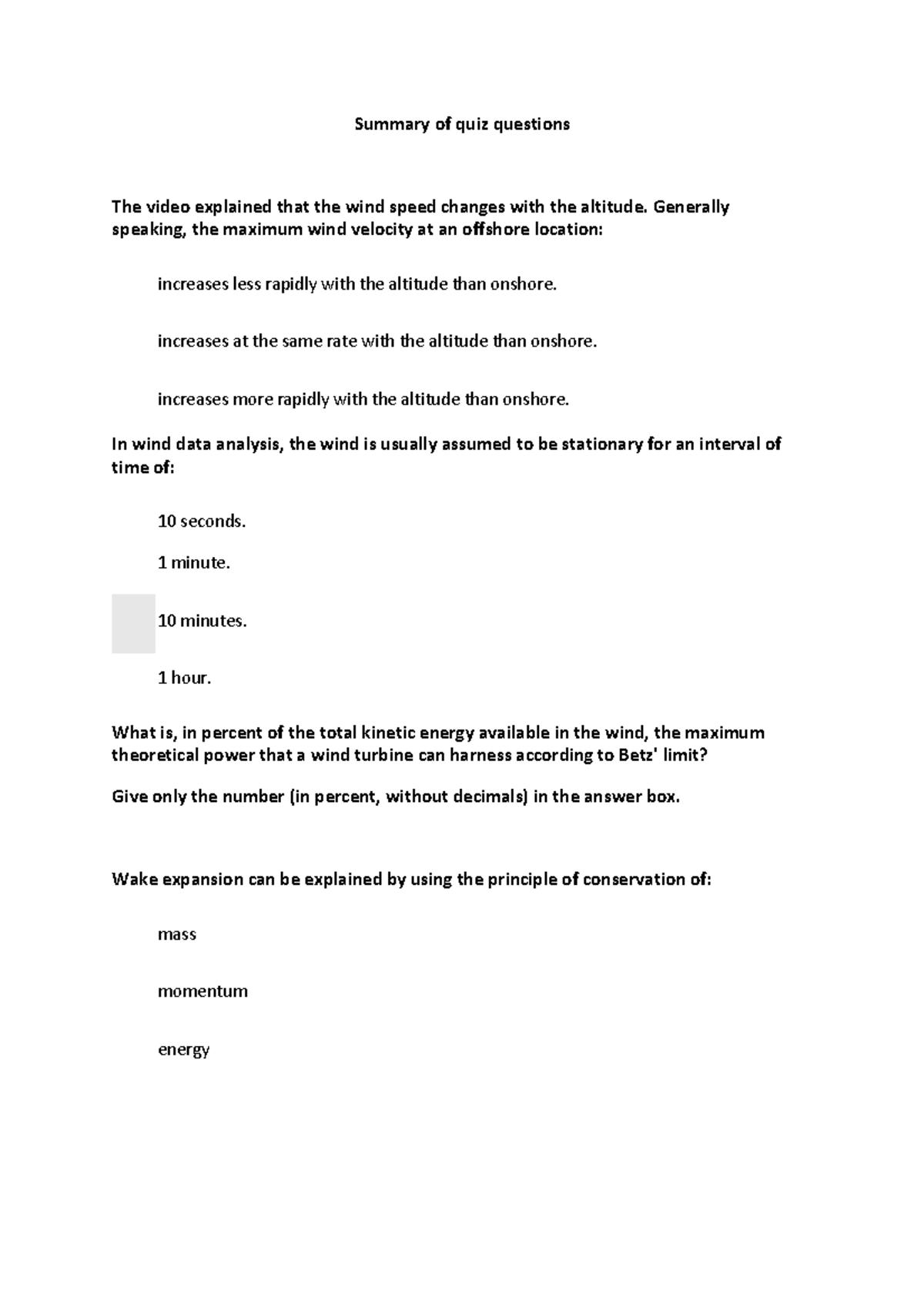 Quiz Questions Summary for Wind Energy Analysis (ENGR 301) - Studeersnel