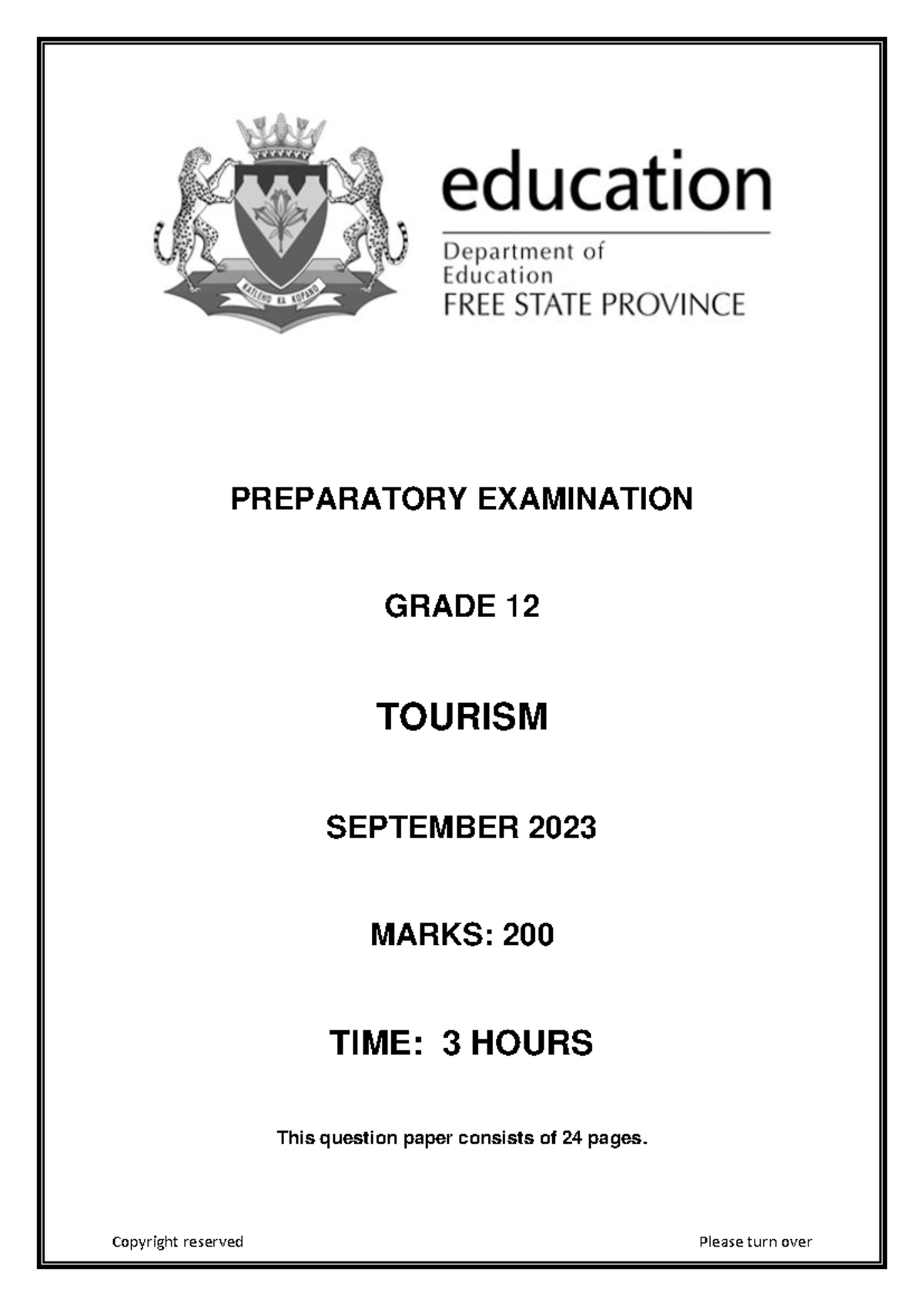 Grade 12 Tourism Preparatory Exam - September 2023 Question Paper - Studocu