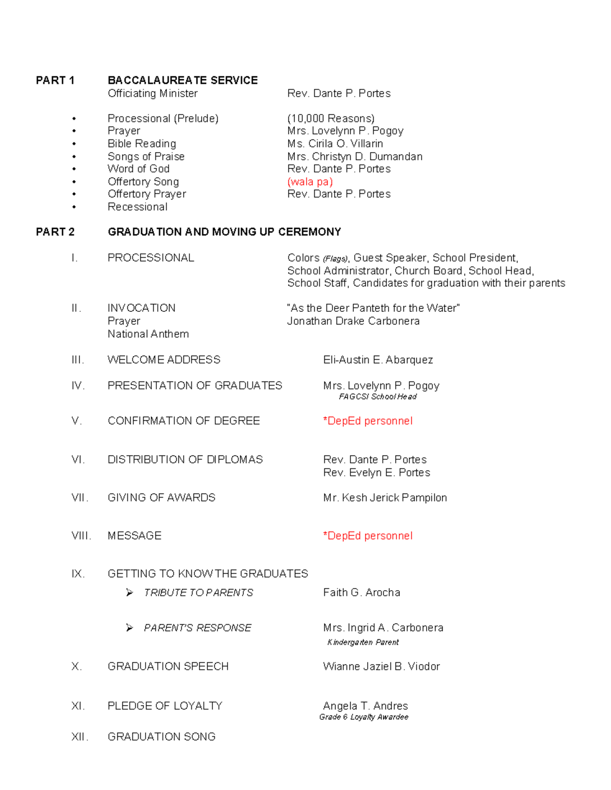 Programflow - Graduation Ceremony Outline for Baccalaureate S. 2021 ...