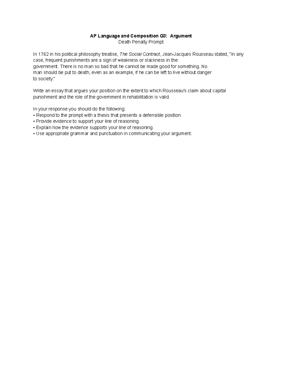 AP Lang & Comp Q3: Argument on Rousseau's Death Penalty Claims - Studocu