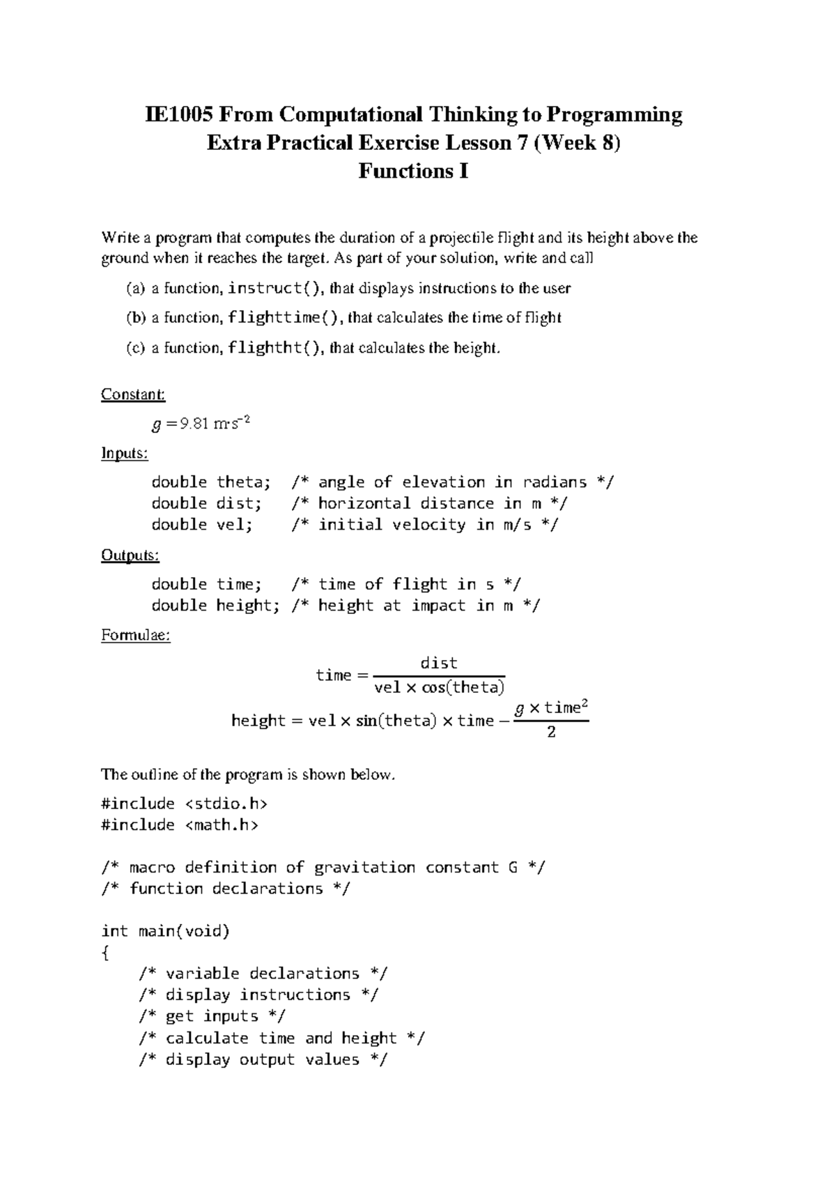 IE1005 Extra Practical Exercises: Functions I - Projectile Flight ...