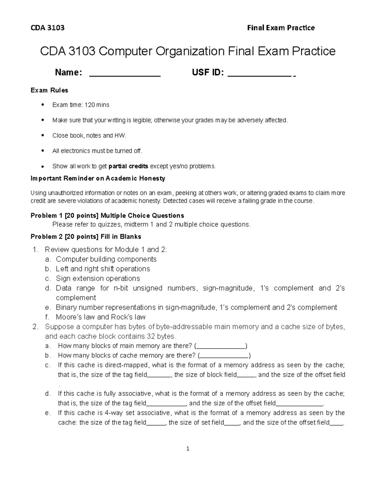 CDA 3103 Final Exam Practice Spring 2022 - CDA 3103 Computer Organization Final Exam Practice ...