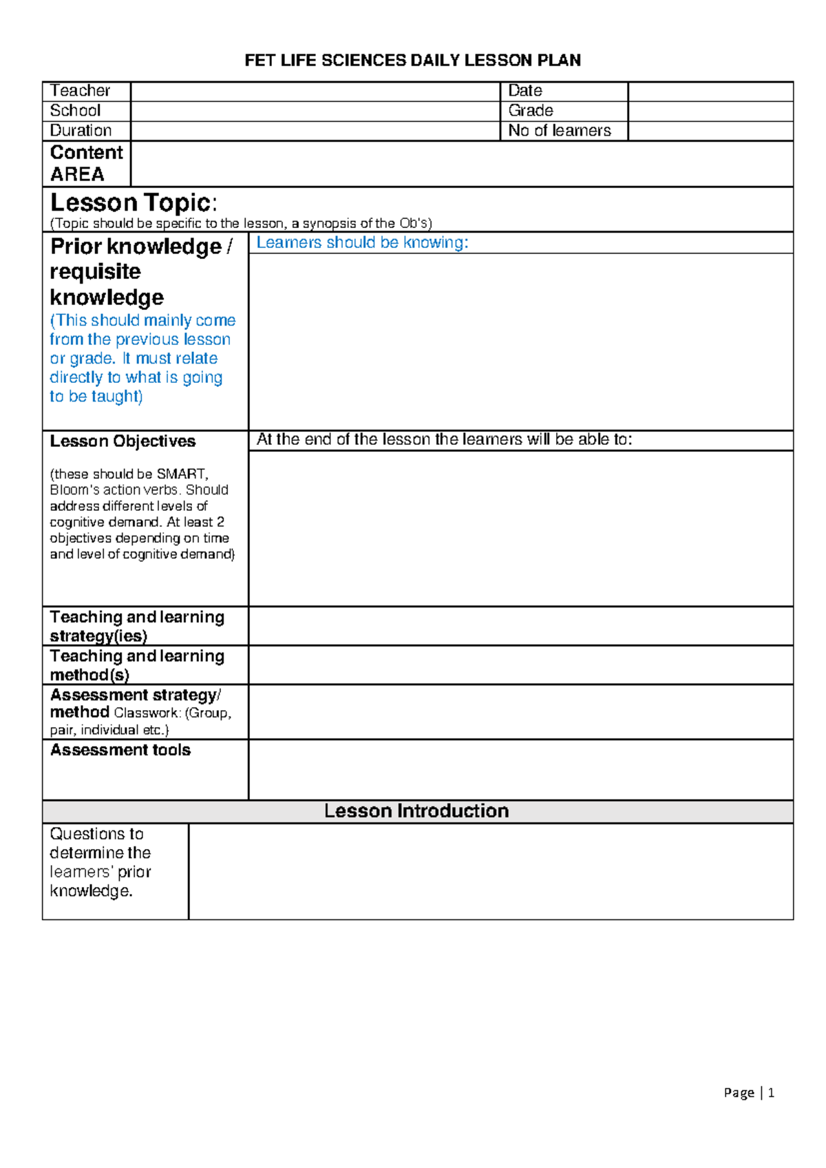 FET LIFE SCIENCES Daily Lesson Plan Template 2025 for Educators - Studocu