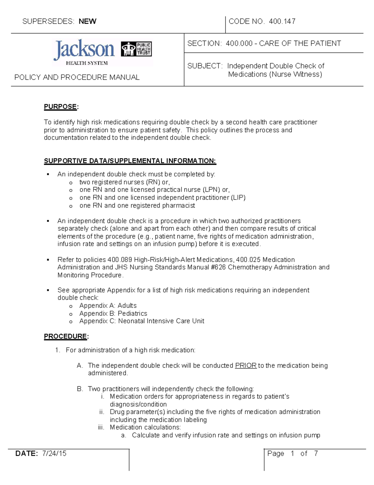 Policy 400.147: Independent Double Check of Medications for Patient ...