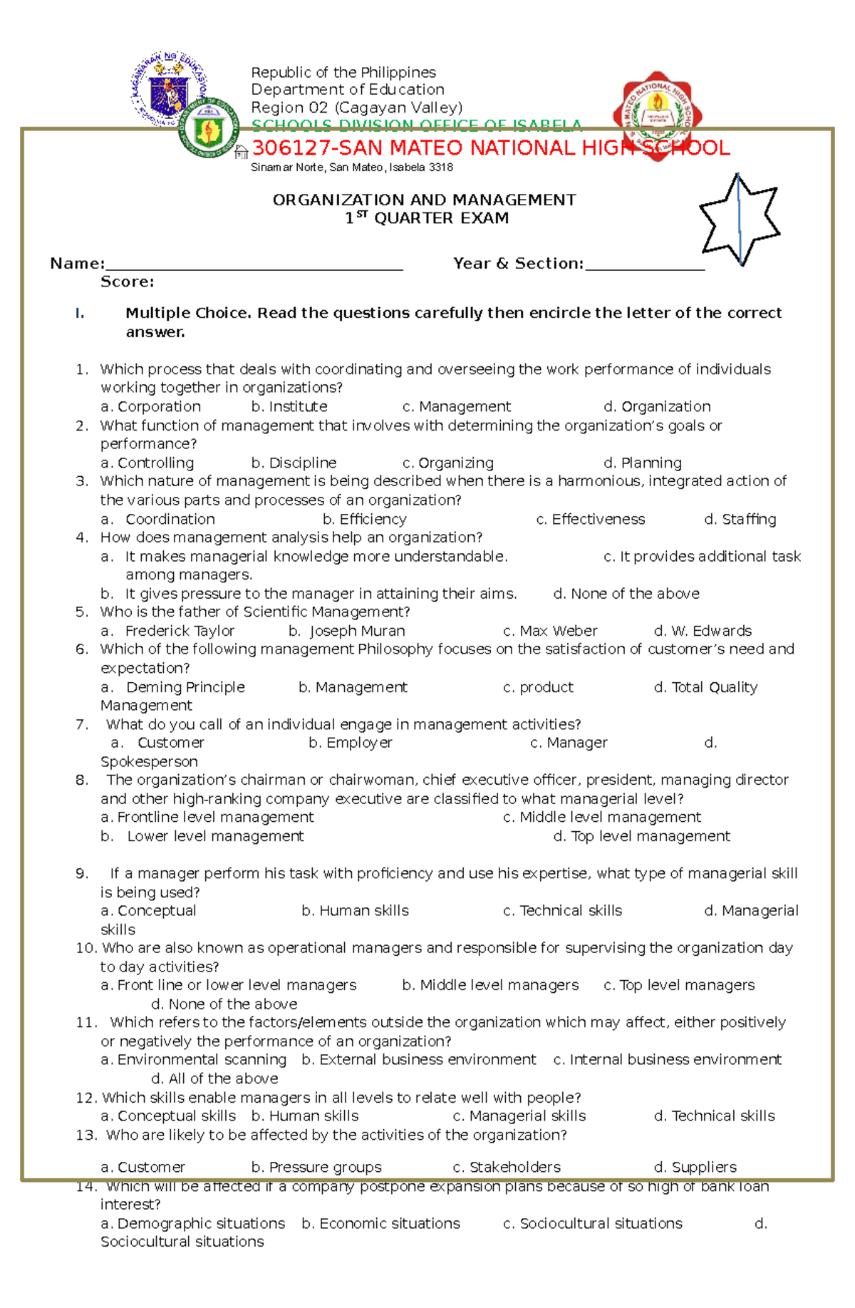 Organization and Management 1st Quarter Exam Review Document - Studocu