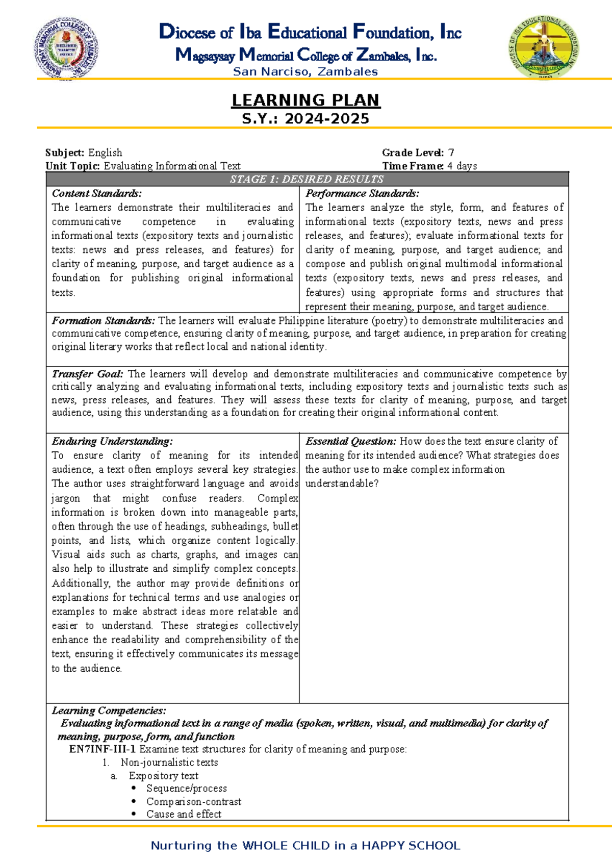 Learning Plan for English 7: Evaluating Informational Texts (S.Y. 2025 ...