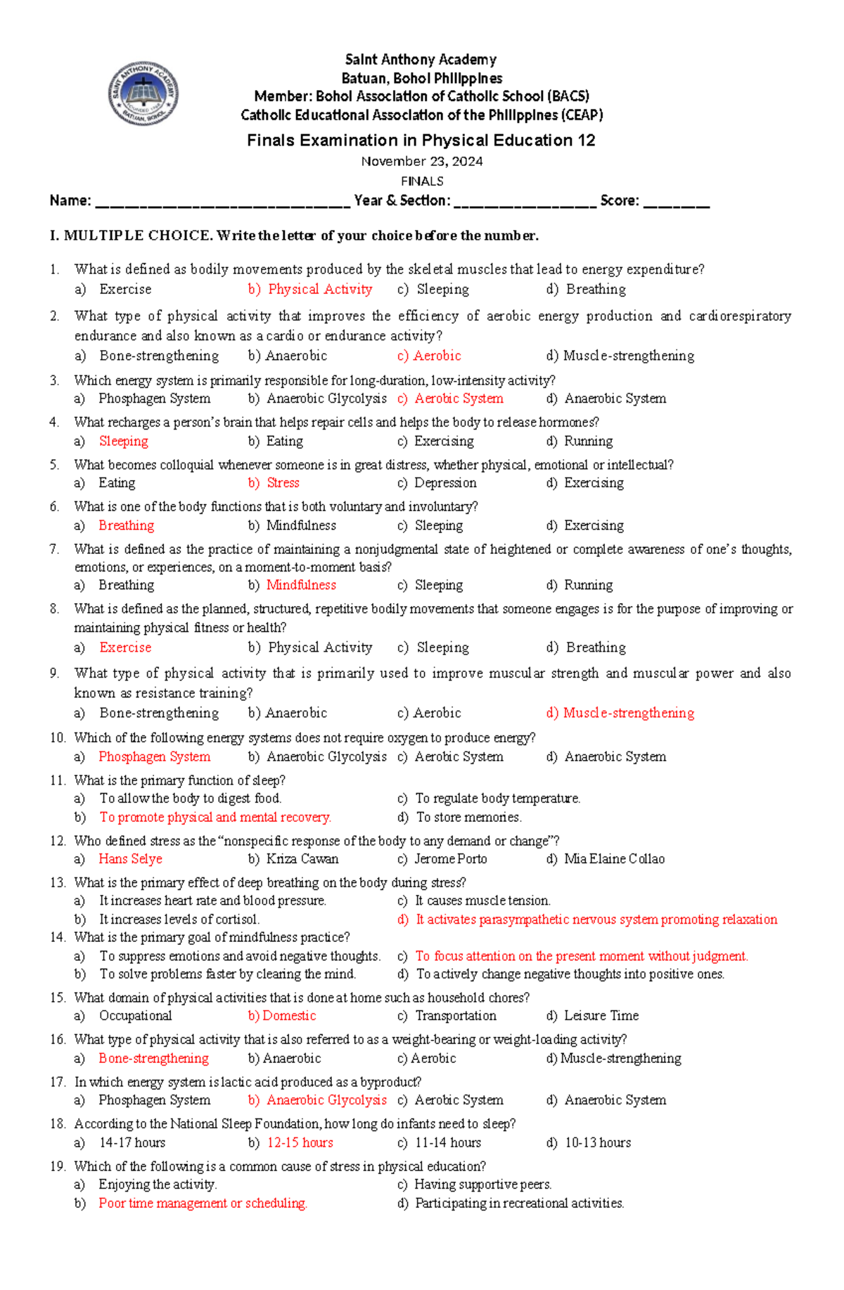 PE 12 Final Exam Questions and Review Guide for Students - Studocu