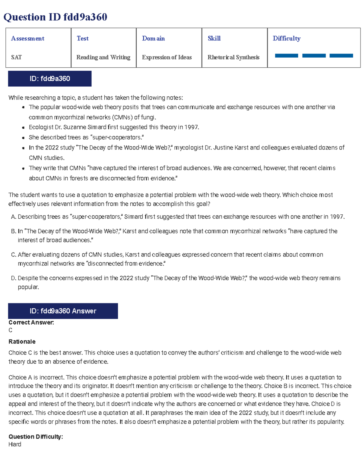 College Board Question Bank: SAT Reading & Writing Rhetorical Synthesis ...