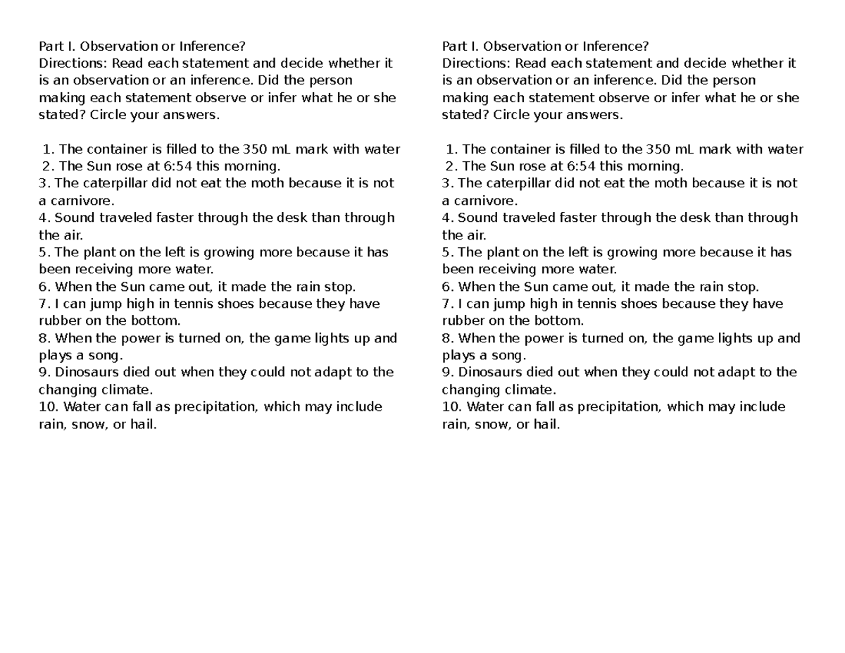 Observation vs Inference Activity Sheet - Studocu