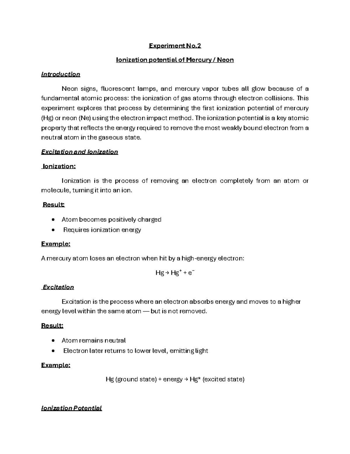 Group No.3: Ionization Potential of Mercury & Neon Experiment - Studocu