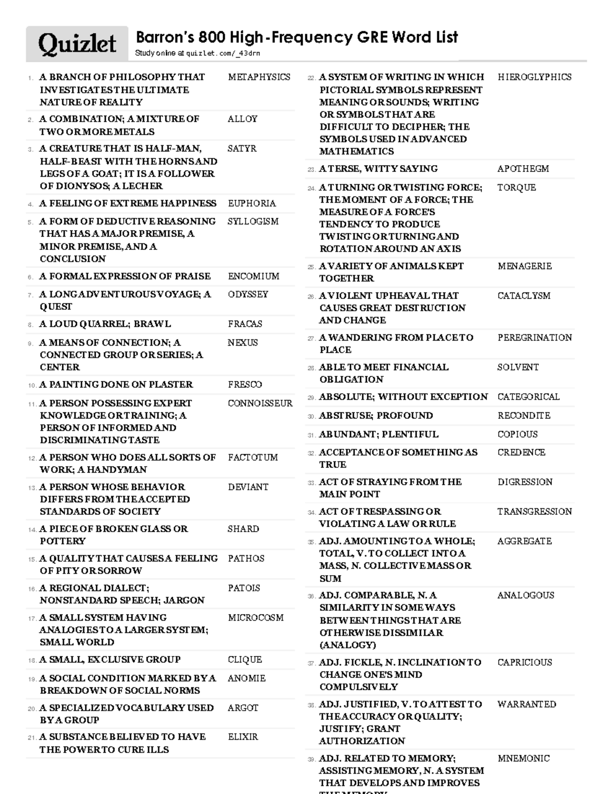 Barron's 800 High-Frequency GRE Vocabulary List - Studocu