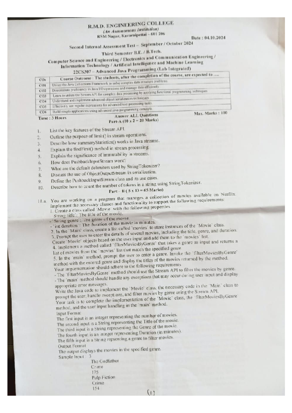 22CS307 Second Internal Assessment Test QP - Advanced Java Programming ...