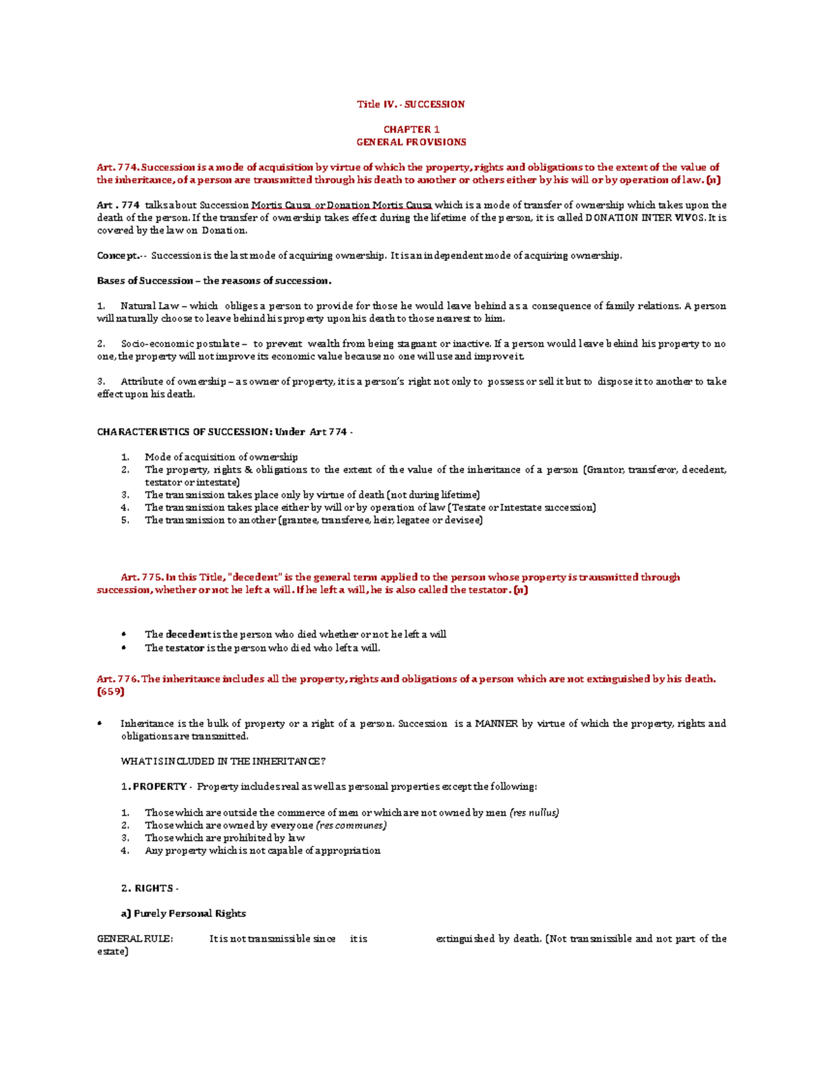 Title IV: Succession - General Provisions (Art. 774-782) - Studocu