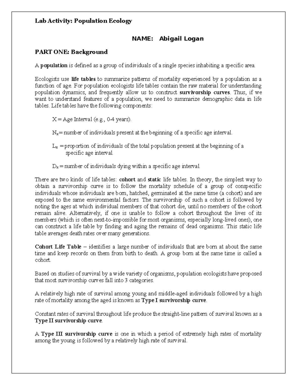 Lab Handout: Population Ecology - Static Life Tables & Survivorship ...