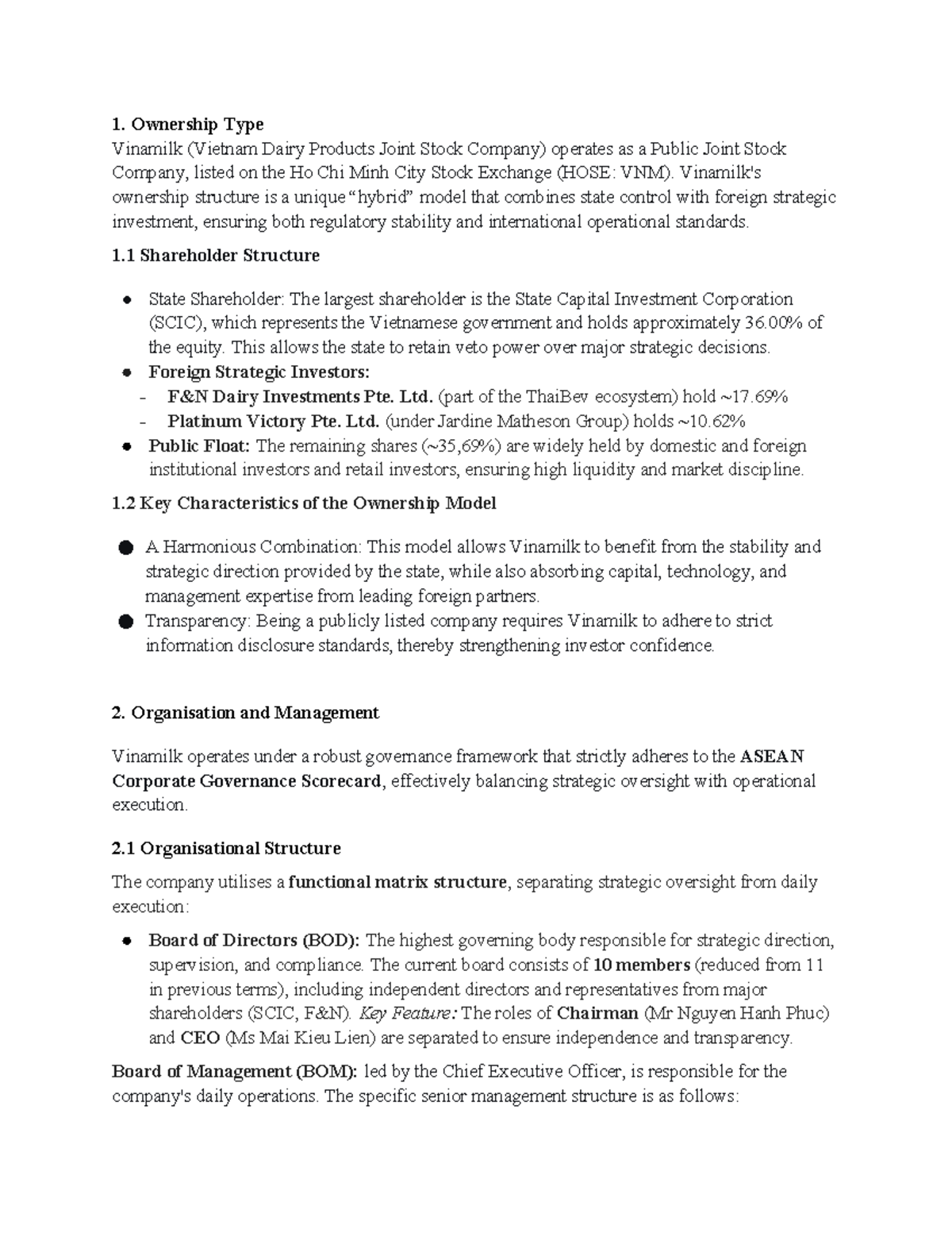 Operations Report: Ownership and Management of Vinamilk (VNM) - Studocu