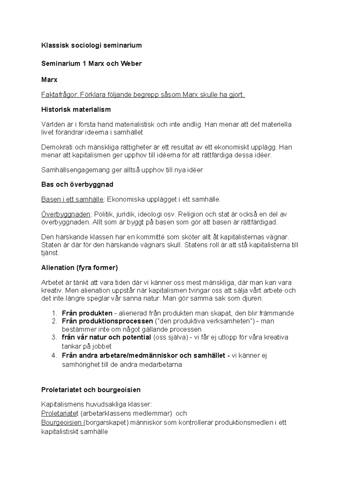 Klassisk sociologi: Seminarier om Marx och Weber - Seminarie 1 - Studocu