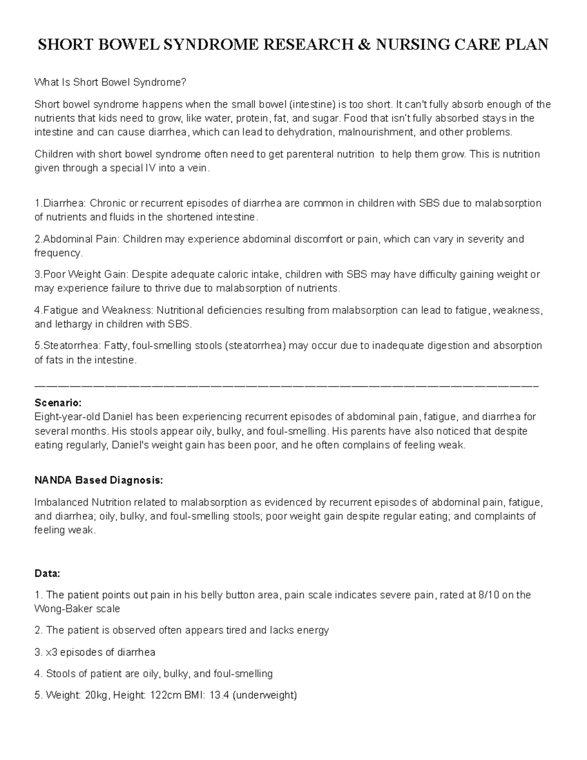 Short Bowel Syndrome (SBS) Care Plan & Research Presentation - Studocu