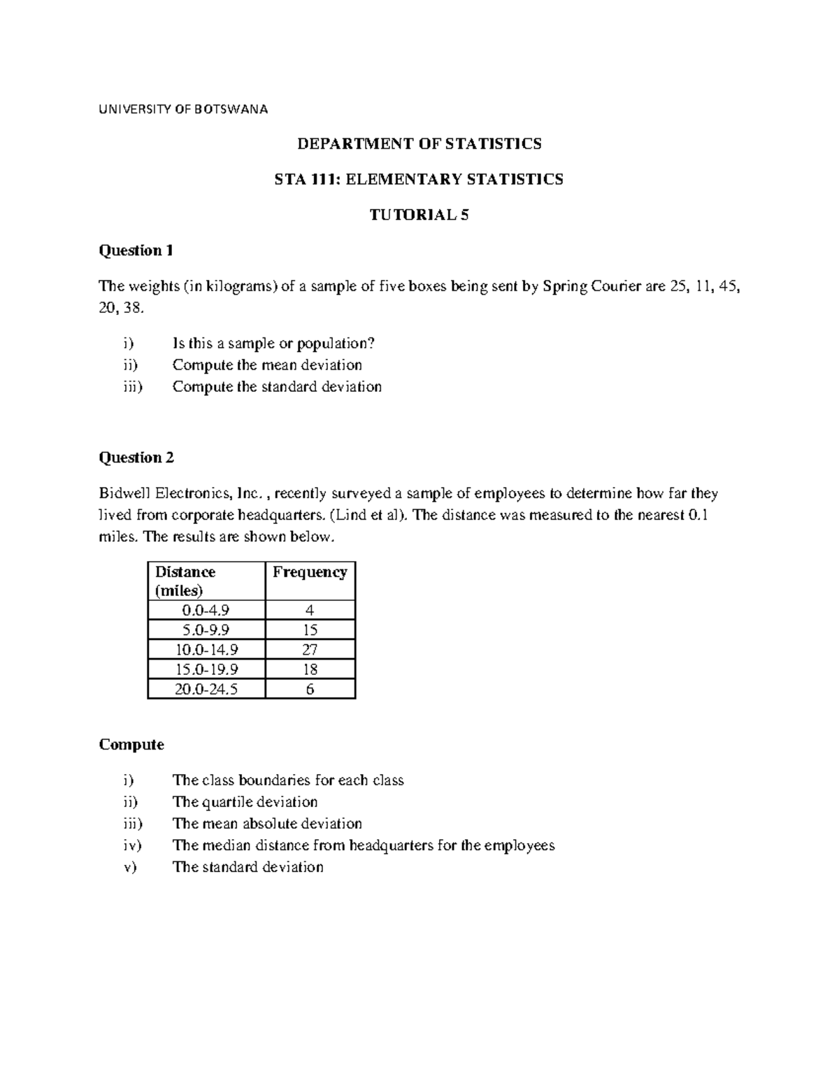 STA 111 Elementary Statistics Tutorial 5: Sample & Standard Deviation ...