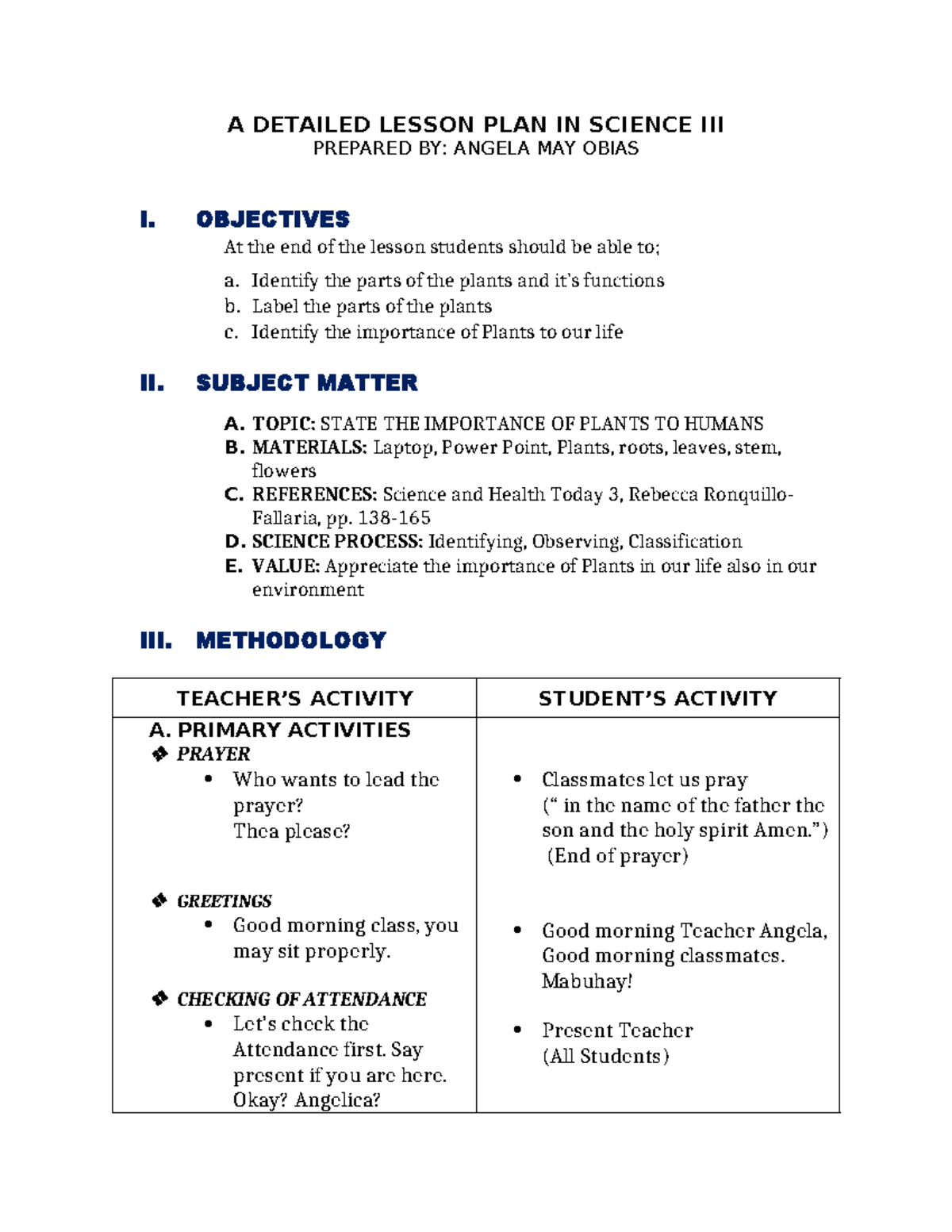 A Comprehensive Lesson Plan for Science III on Plant Importance - Studocu