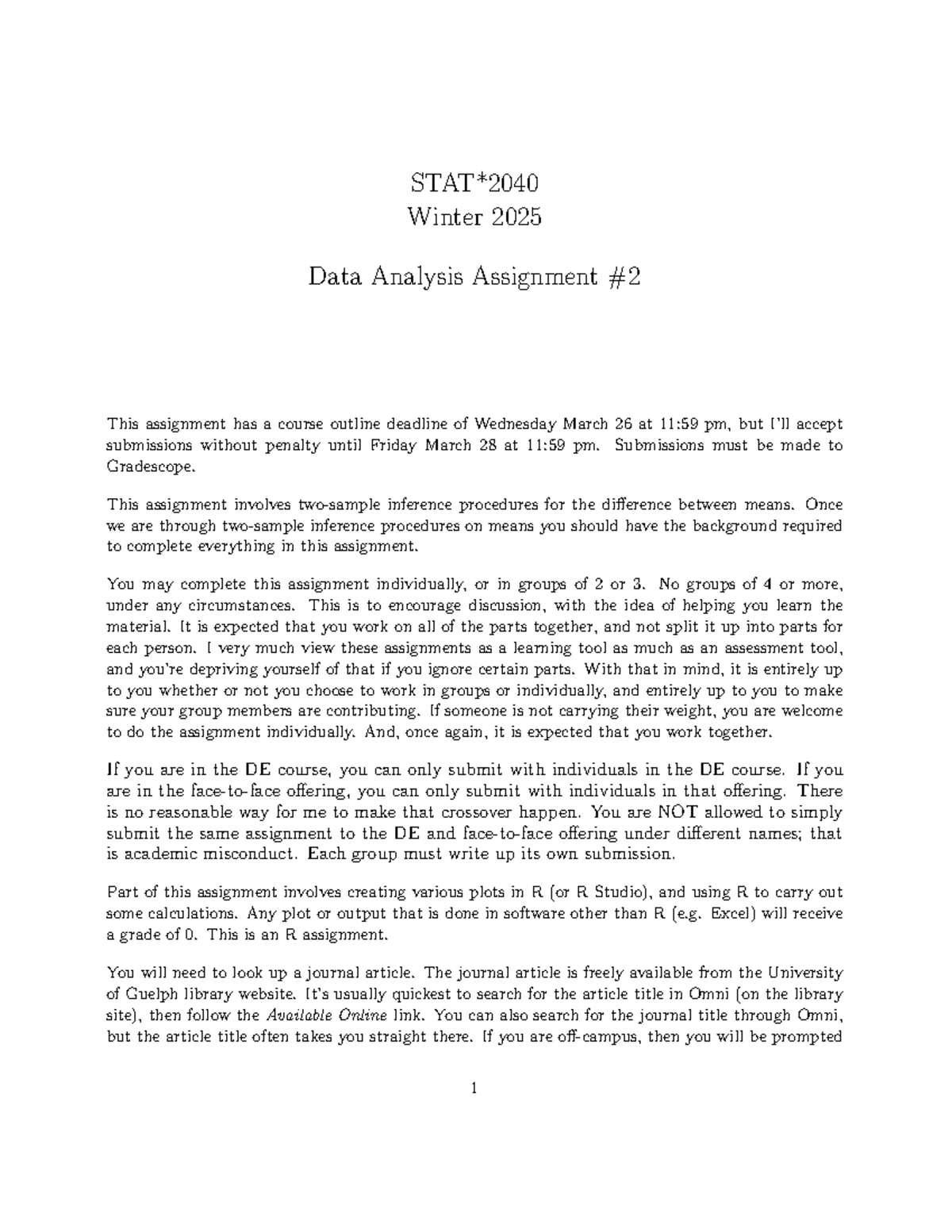 2040 W25 Data Analysis Assignment 2: Two-Sample Inference Procedures ...