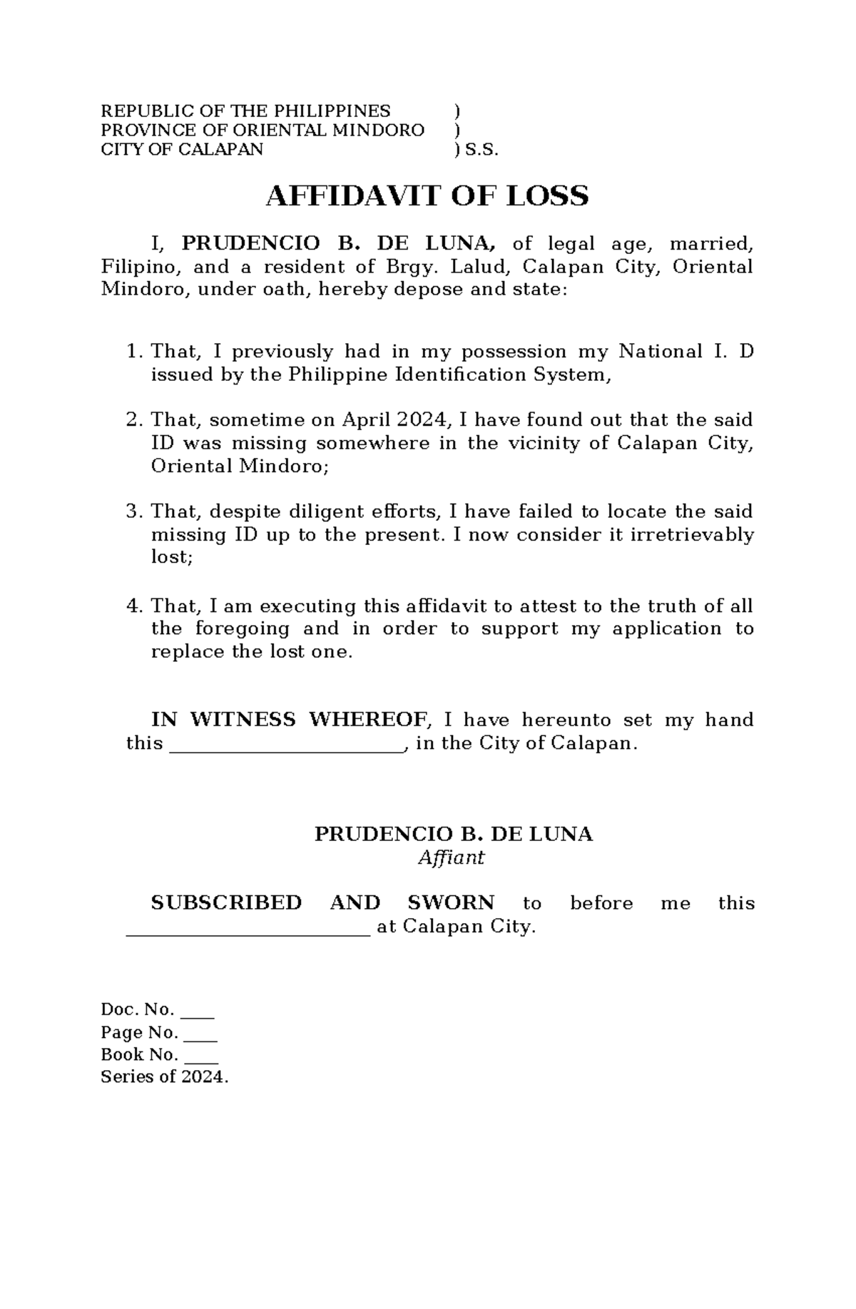 Affidavit of Loss for National ID - Calapan City, 2024 - Studocu
