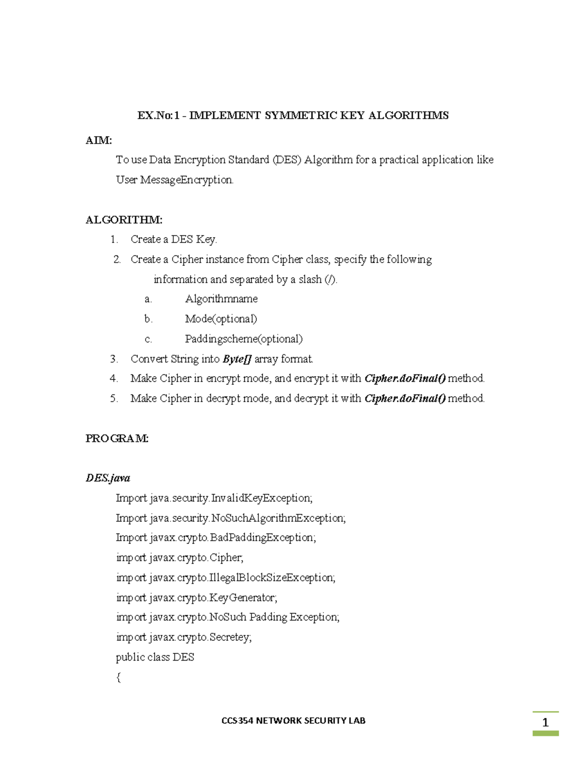 CCS354 Network Security Lab Manual: Final Exam on Key Algorithms - Studocu