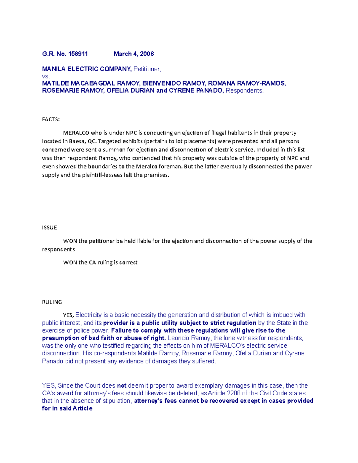 Meralco ramoy - Case digest on oblicon - G. No. 158911 March 4, 2008 MANILA ELECTRIC COMPANY ...