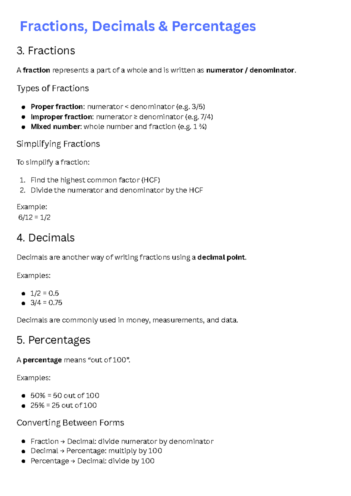 Fractions, Decimals & Percentages: Key Concepts & Examples - Studocu