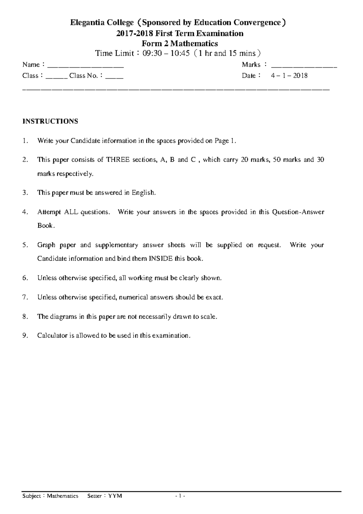 F2 Mathematics First Term Exam 2017-2018 Questions and Answers - Studocu