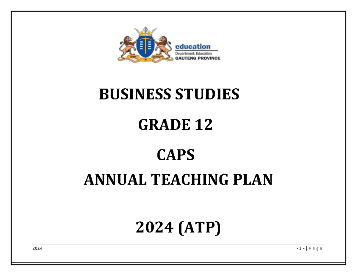 Grade 12 Business Studies 2024 Annual Teaching Plan (ATP) - Studocu