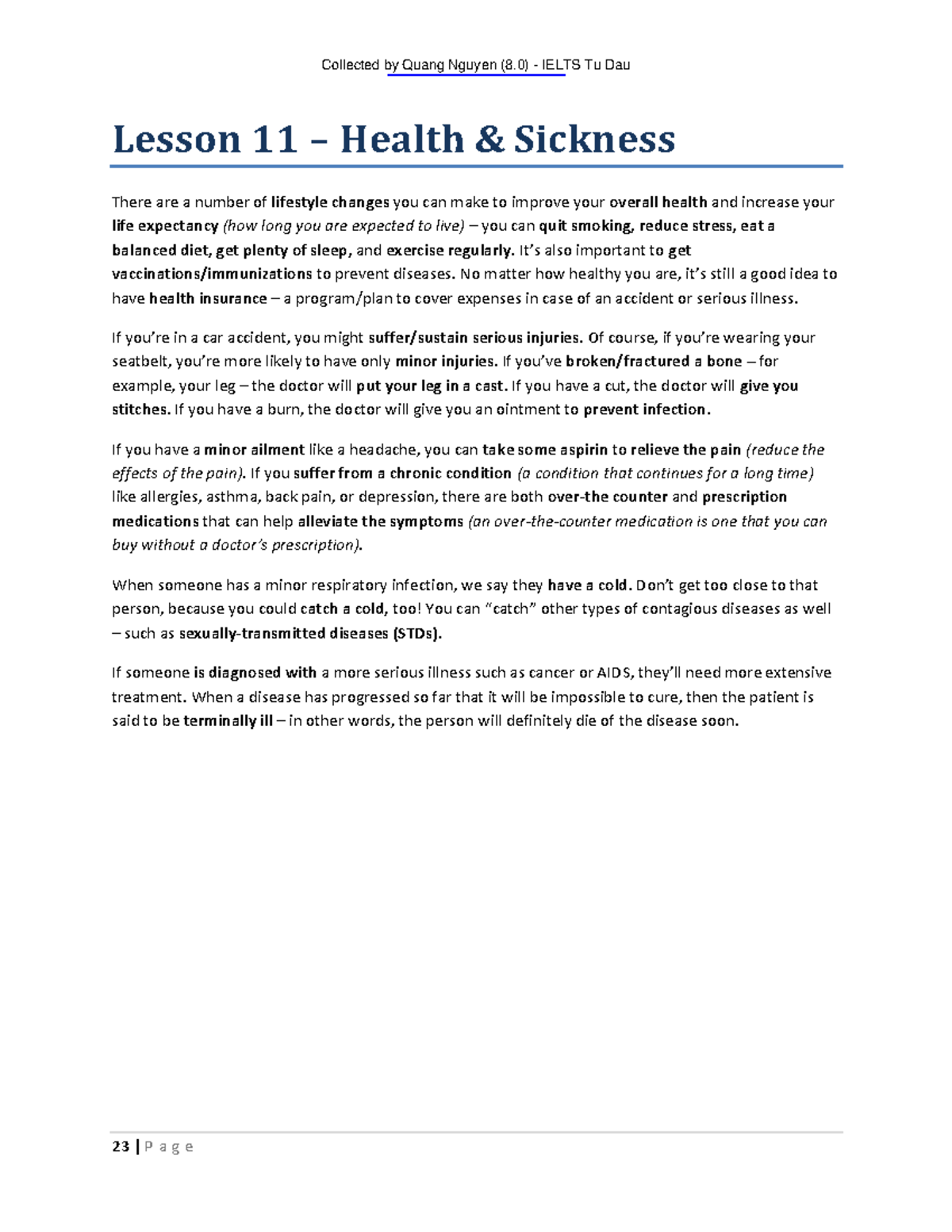 IELTS Tu Dau Lesson 11: Health & Sickness Insights - Studocu