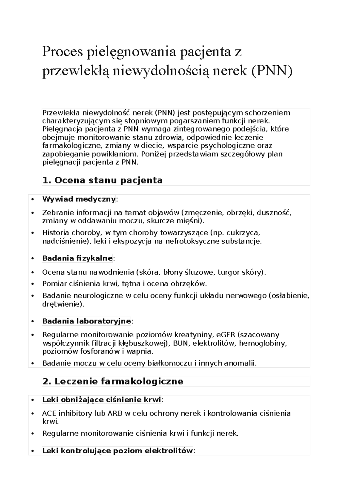 Plan Pielęgnacji Pacjenta z Przewlekłą Niewydolnością Nerek (PNN) - Studocu