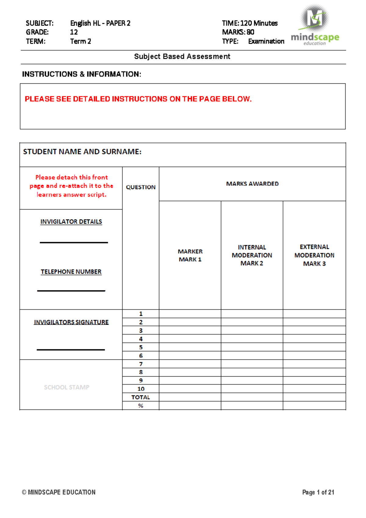 Grade 12 English HL T2 June Exam Paper 2 Lit - Question Paper - Studocu