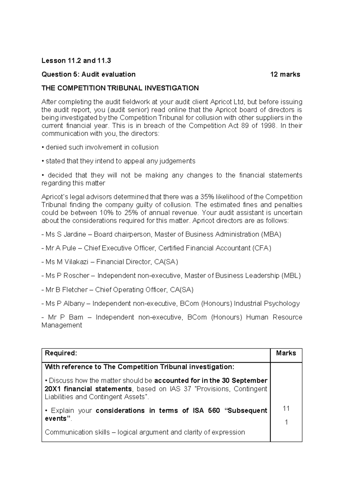 Lesson 11.2 & 11.3: Audit Evaluation on Competition Tribunal Case - Studocu