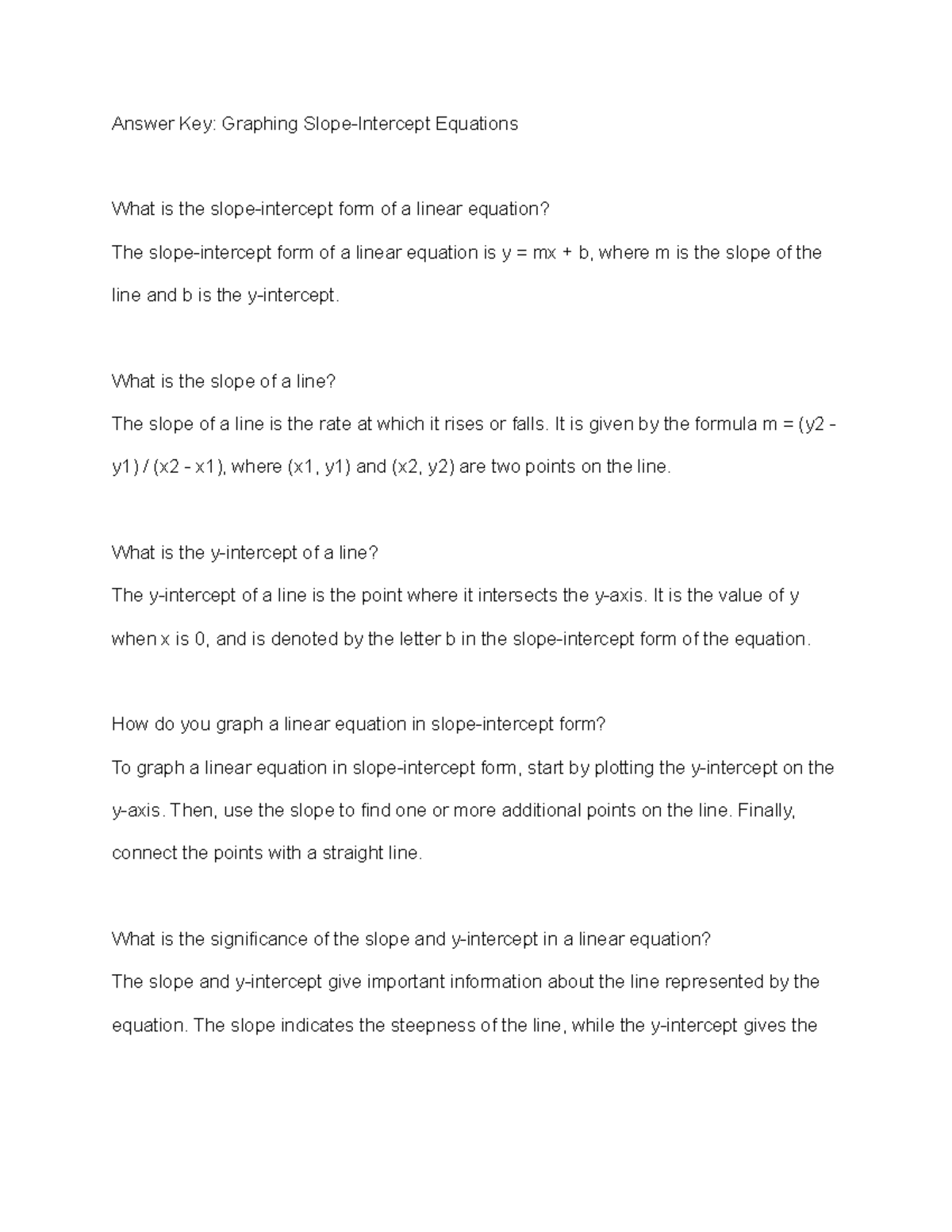 Graphing Slope-Intercept Equations: Answer Key & Overview - Studocu