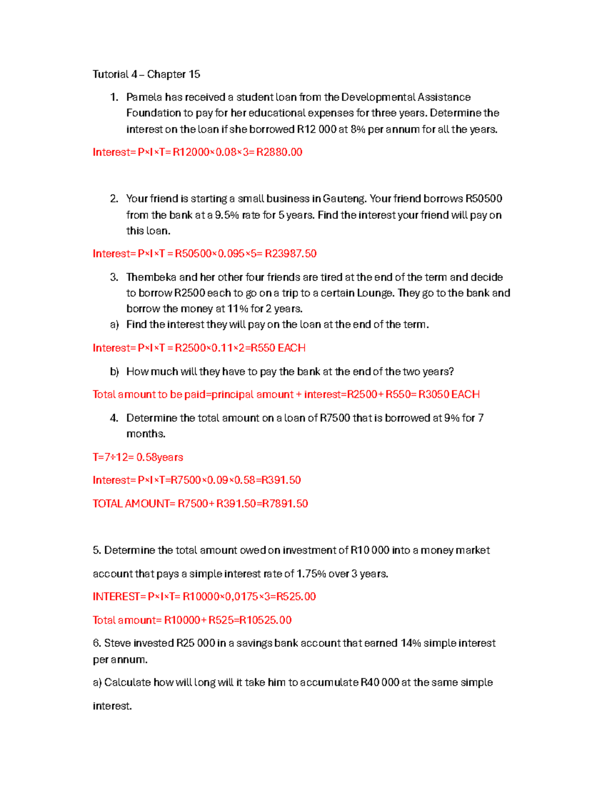 Tutorial 4 Chapter 15: Interest Calculations and Loan Analysis Memo - Studocu