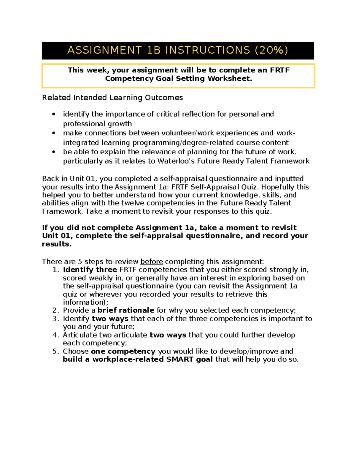 FRTF Assignment 1B: Competency Goal Setting & Reflections - Studocu