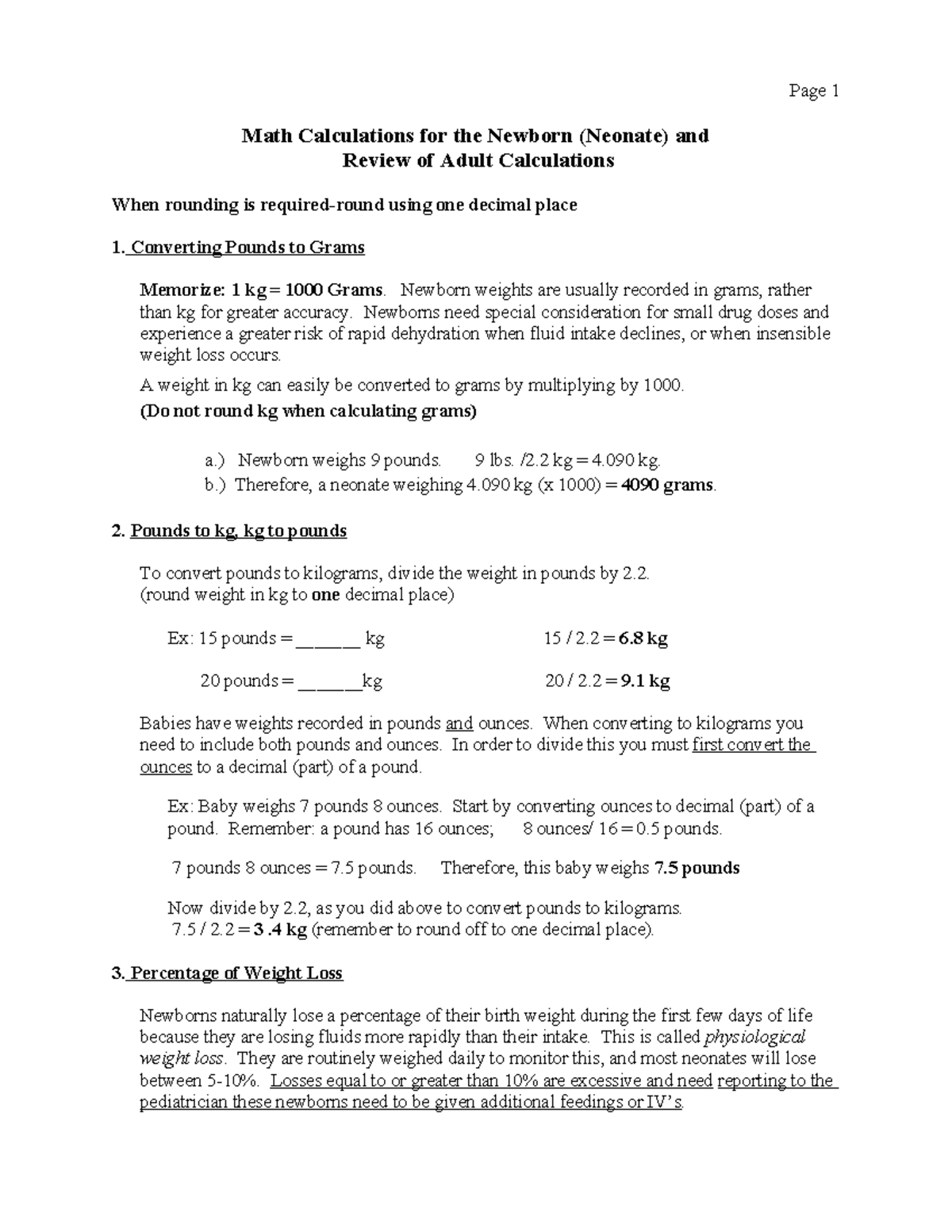 Week 1 Tutorial: Math Calculations for Newborns & Adults - Studocu