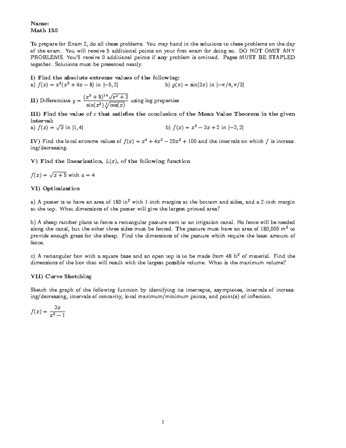 Calculus I 02 - review sheets for exam 2 - Name: Math 150 To prepare ...