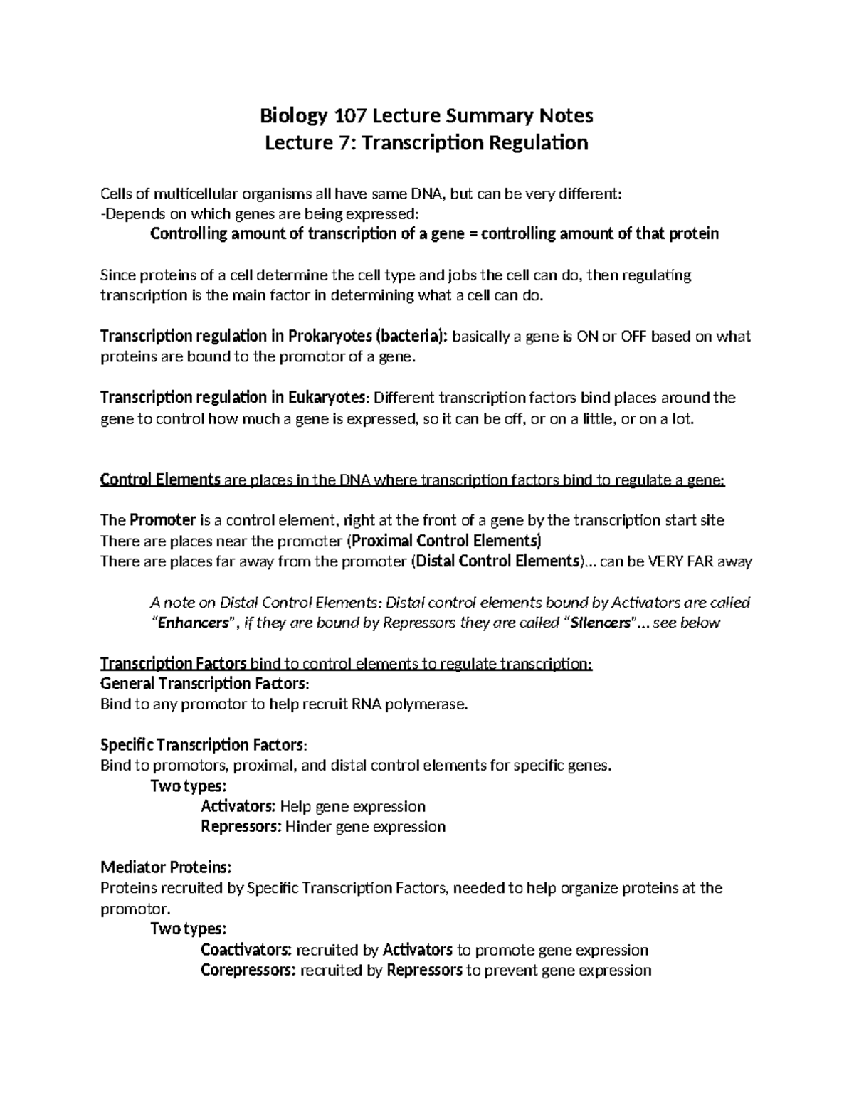 Biology 107 Lecture Notes: Overview of Transcription Regulation - Studocu