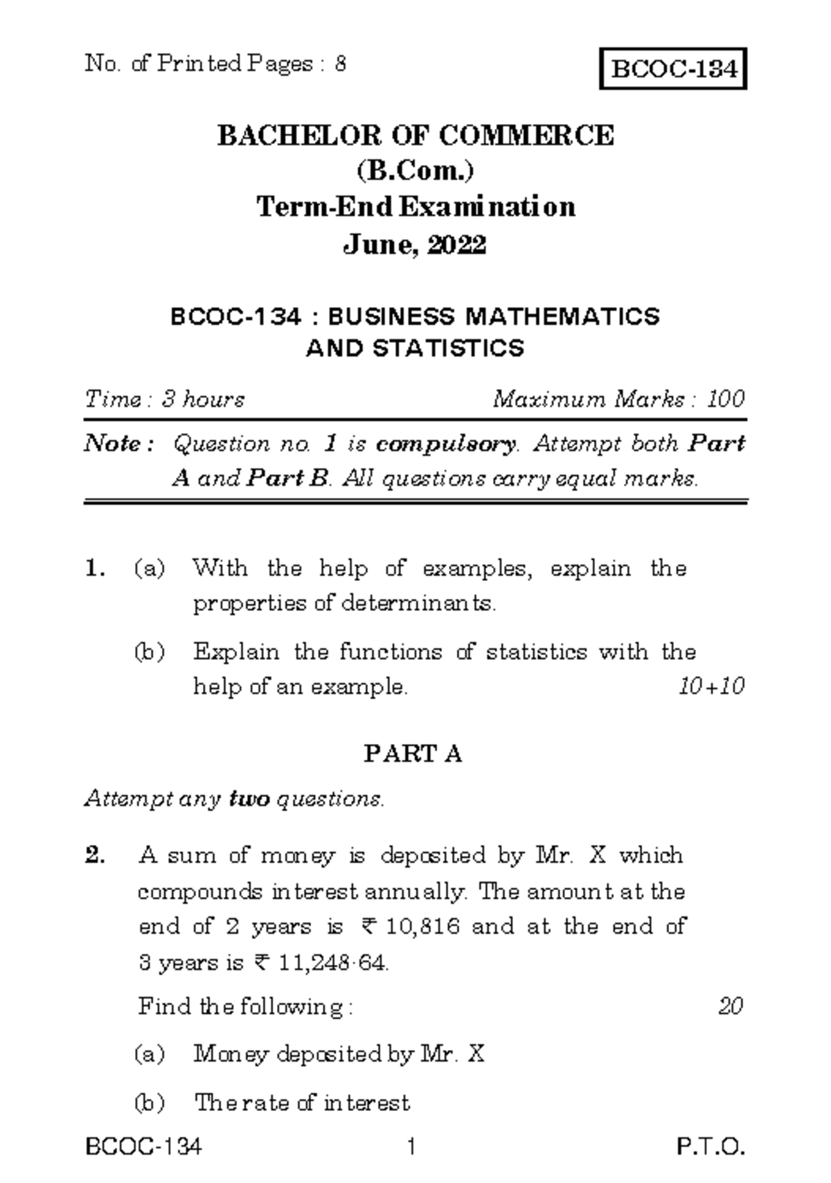 BCOC-134 Business Mathematics & Statistics: Previous Year QP - Studocu