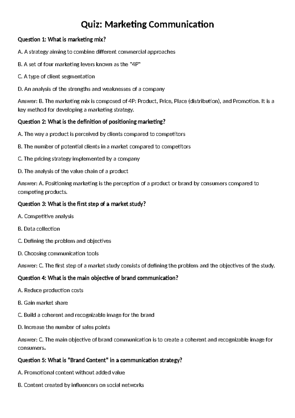 Quiz: Marketing Communication Overview and Key Concepts - Studocu