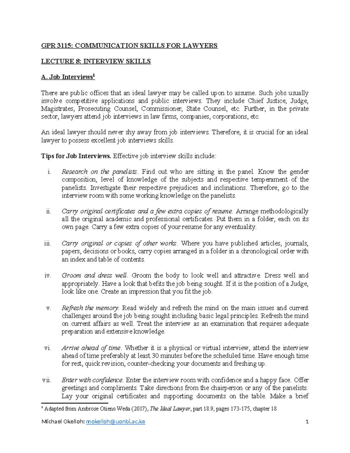 GPR 3115: COMMUNICATION SKILLS FOR LAWYERS - LECTURE 8: INTERVIEW ...