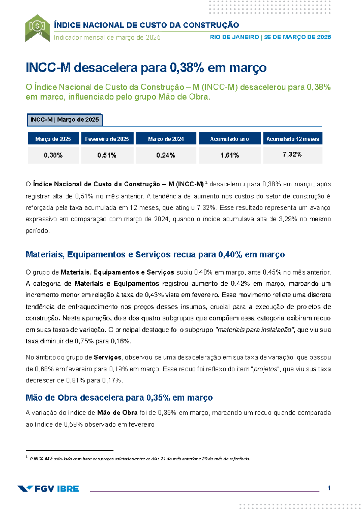 INCC-M FGV: Análise Mensal de Custos da Construção - Março 2025 - Studocu