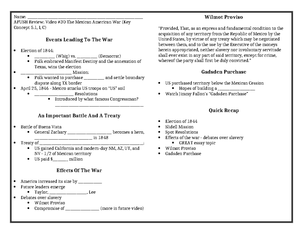 APUSH Review: The Mexican American War (Key Concept 5.1) - Studocu
