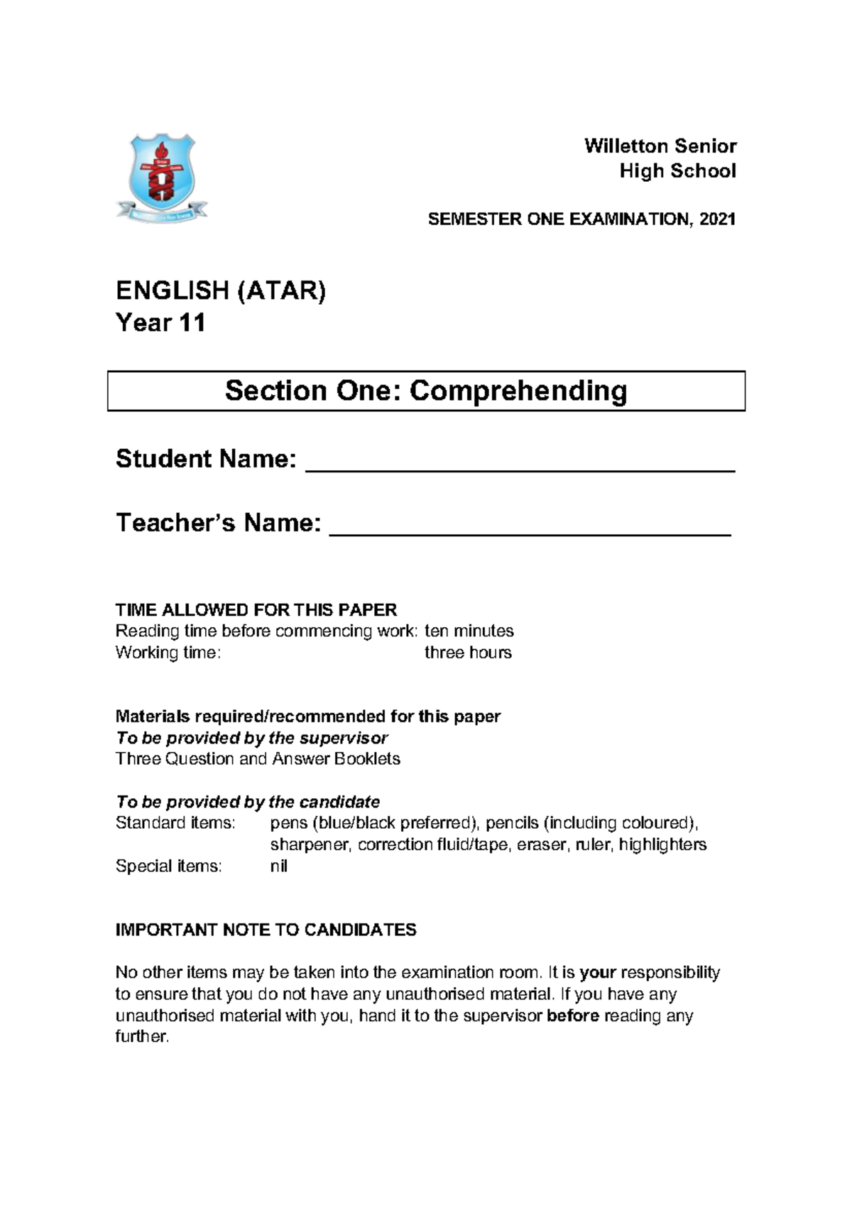 2021 ENGLISH (ATAR) Year 11 SEMESTER ONE EXAM - Comprehending Section ...