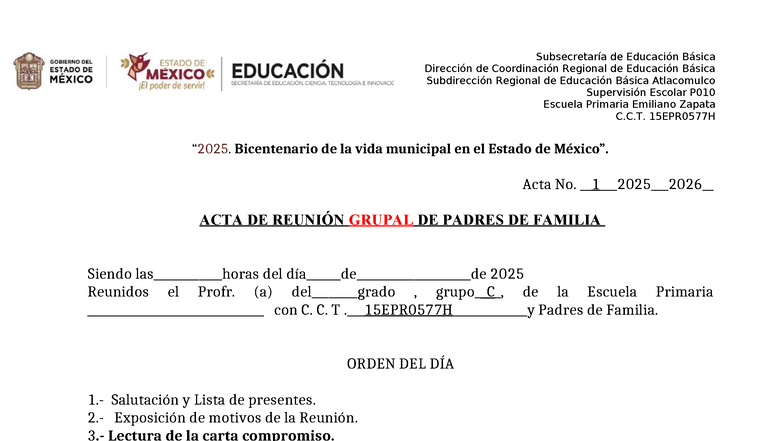 ACTA DE REUNIÓN GRUPAL DE PADRES - ESC. PRIM. EMILIANO ZAPATA - Studocu