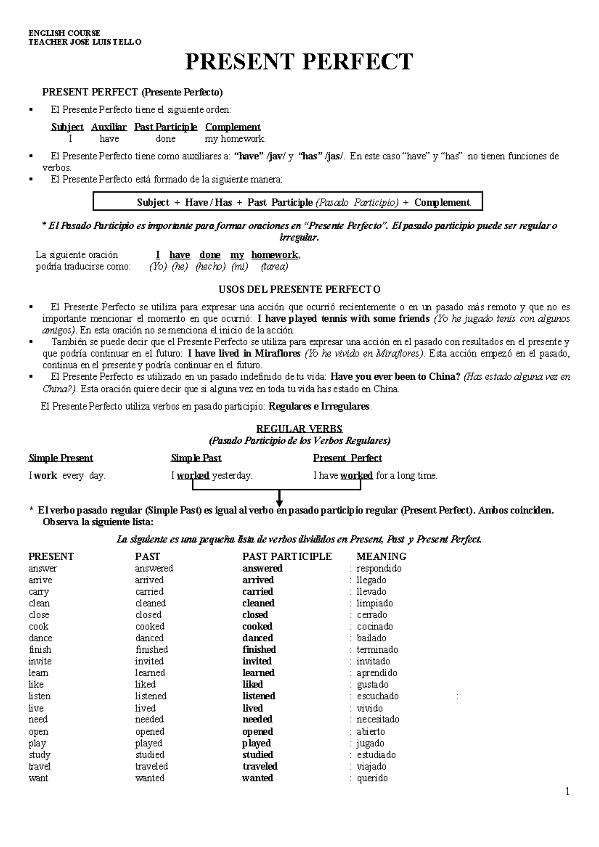 ENGLISH 101: Present Perfect - Ejercicios y Traducciones - Studocu