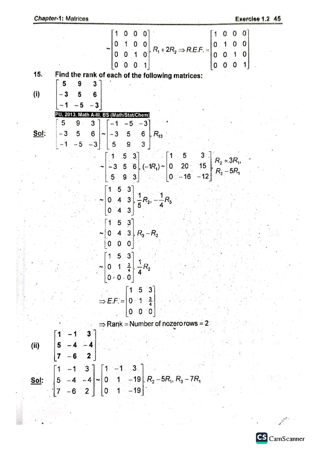 Rank of Matrix - Questions for rank - Matrices Exercise 1 45 0100 R.E ...