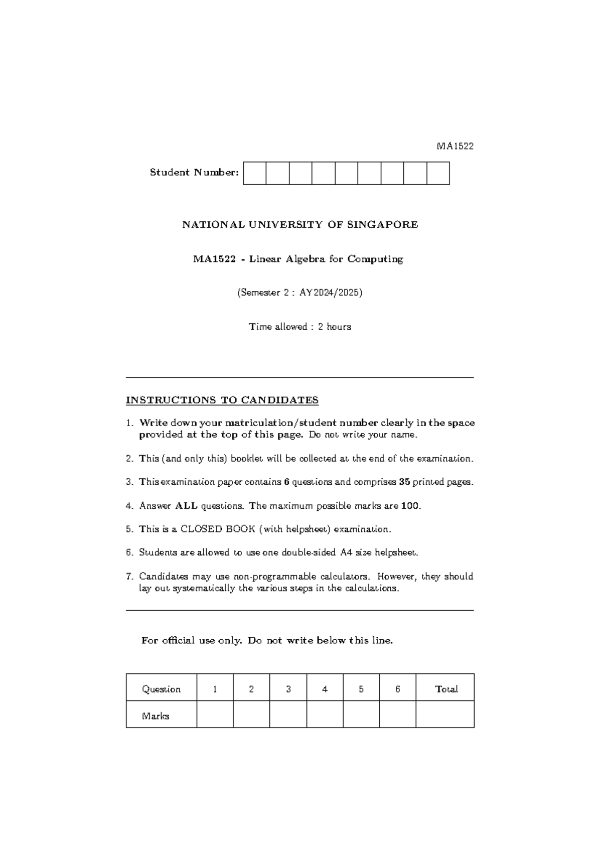 2425 Sem 2 MA1522 Linear Algebra for Computing - Exam Paper - Studocu